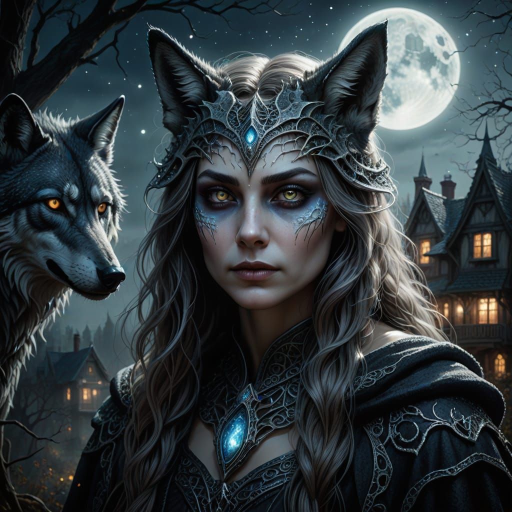 Galadriel LOTR is a Witch with her magical Wolf at her castle