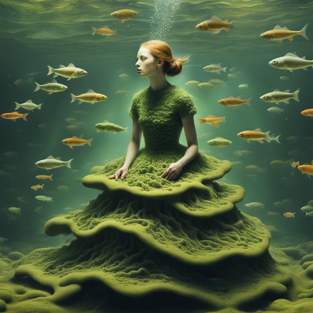 Bio Art Experimentation, in deep waters, leech wearing moss polyp dress ...