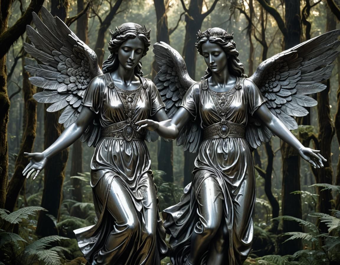 Oscillating godly, weeping angel, in flight. Metal skin liquid silver ...