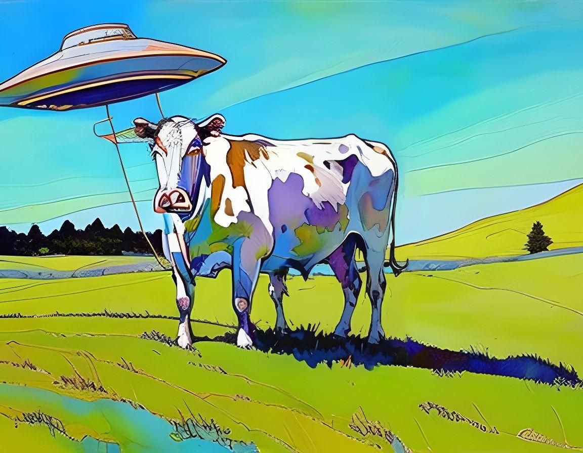 UFO and 5-legged alien cow - AI Generated Artwork - NightCafe Creator