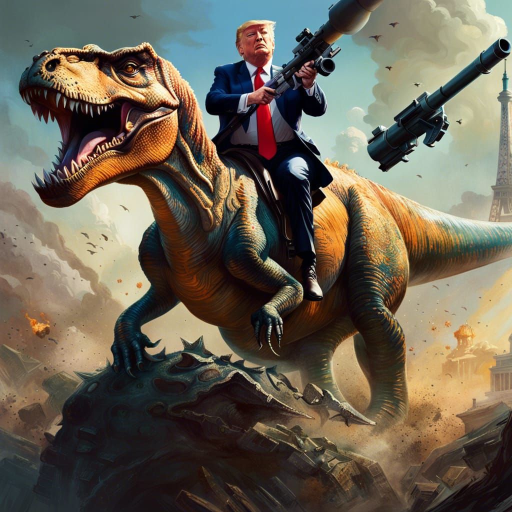 President Trump, riding on top of Tyrannosaurus Rex, Holding bazooka ...