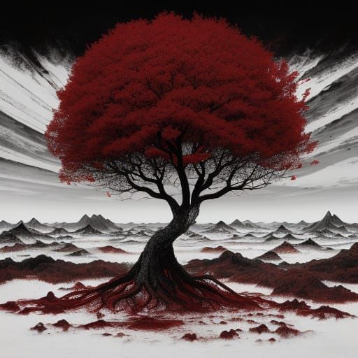 red tree - Surreal Crimson Landscape of a Bleeding Earth God...