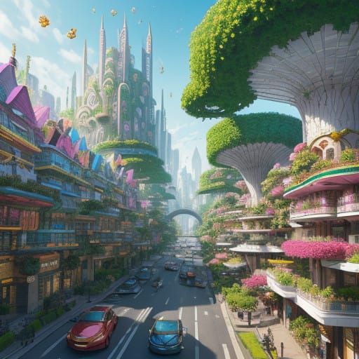 Vibrant Metropolis Inspired by Nature in Whimsical... - AI Art