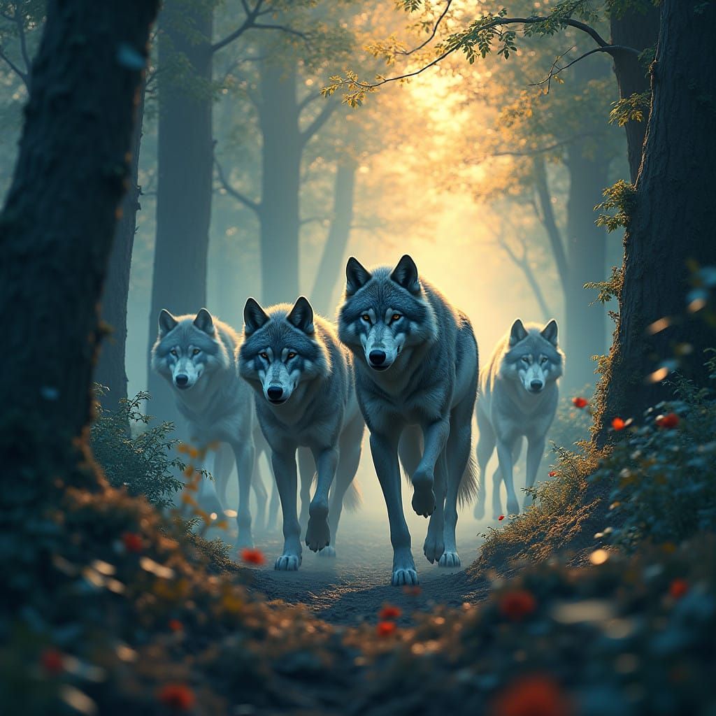 wolves in the forest - Majestic Wolves Roam a Mystical Fores...