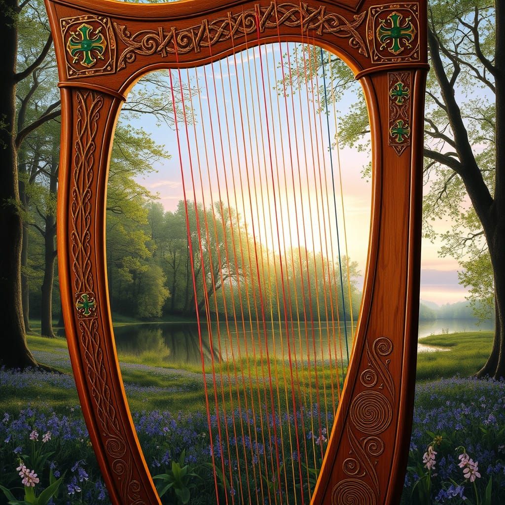 Exquisite Hyperrealistic Ancient Irish Harp in Ser... - AI Art