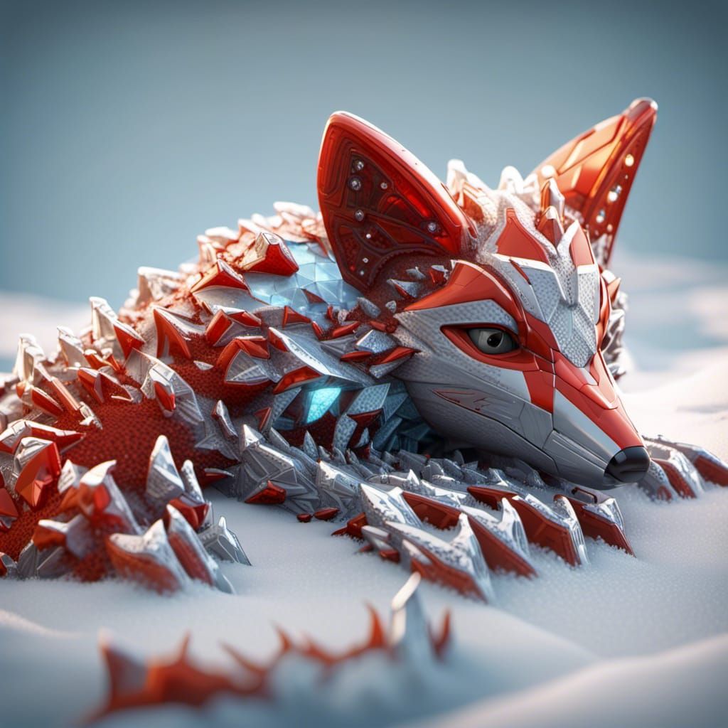 ice crystal form on the tail of a red fox curled up : r/nightcafe