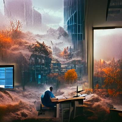 Apocalypse outside a window covered office with a man inside still ...