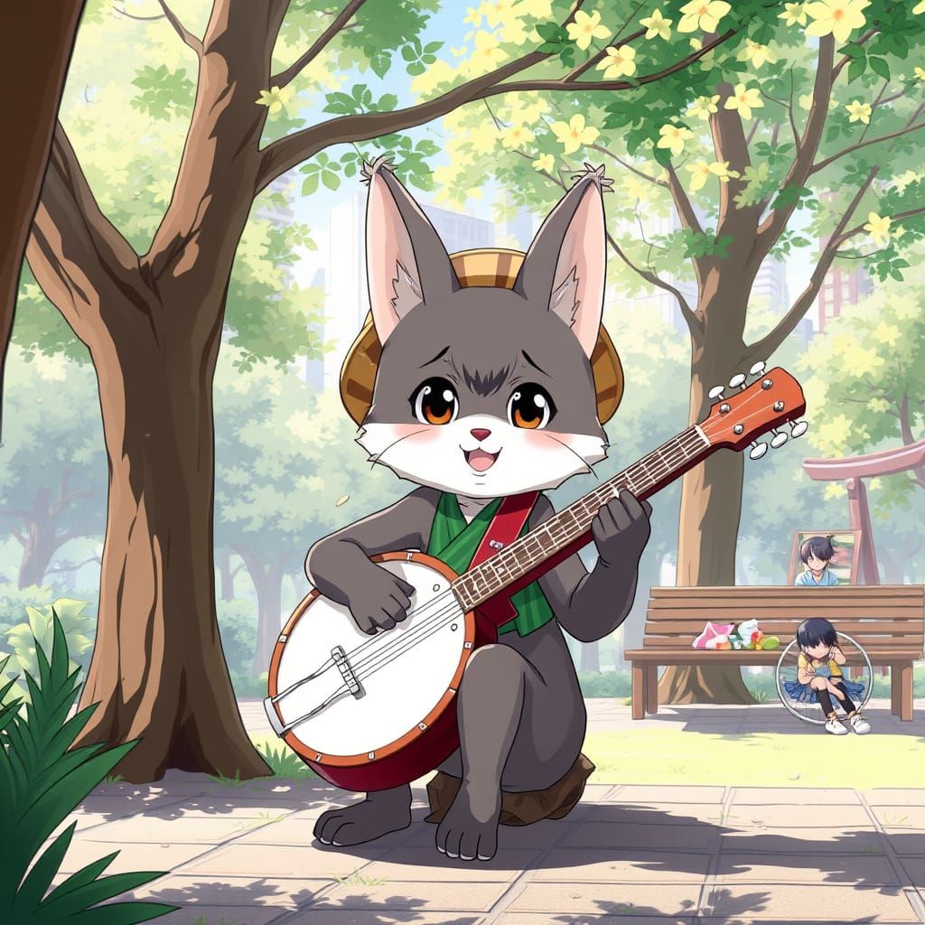 Surreal Anime Banjo Performance in Tokyo Park - AI Art