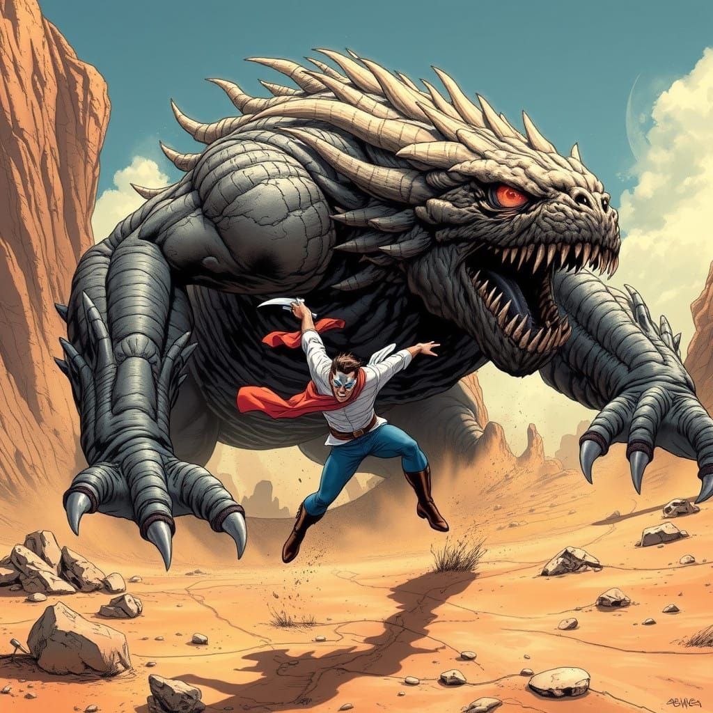 A massive creature rampaging through a deserted wasteland, with the ...