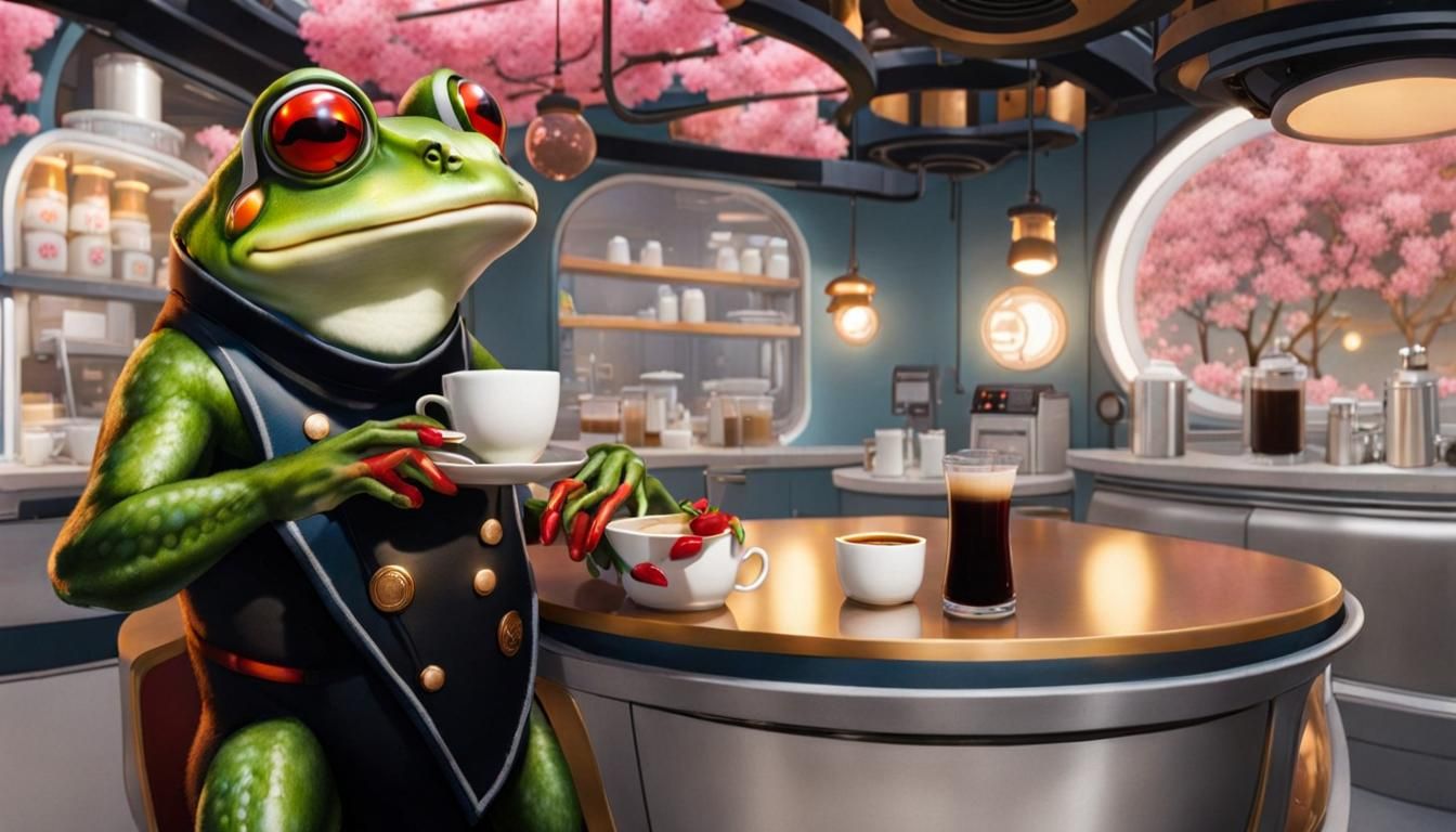 The waiter frog sells hot coffee in the space station cafe. - AI ...