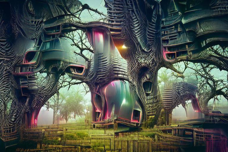 Alien tree houses by Beeple and Vincent Di Fate 3D digital illustration ...
