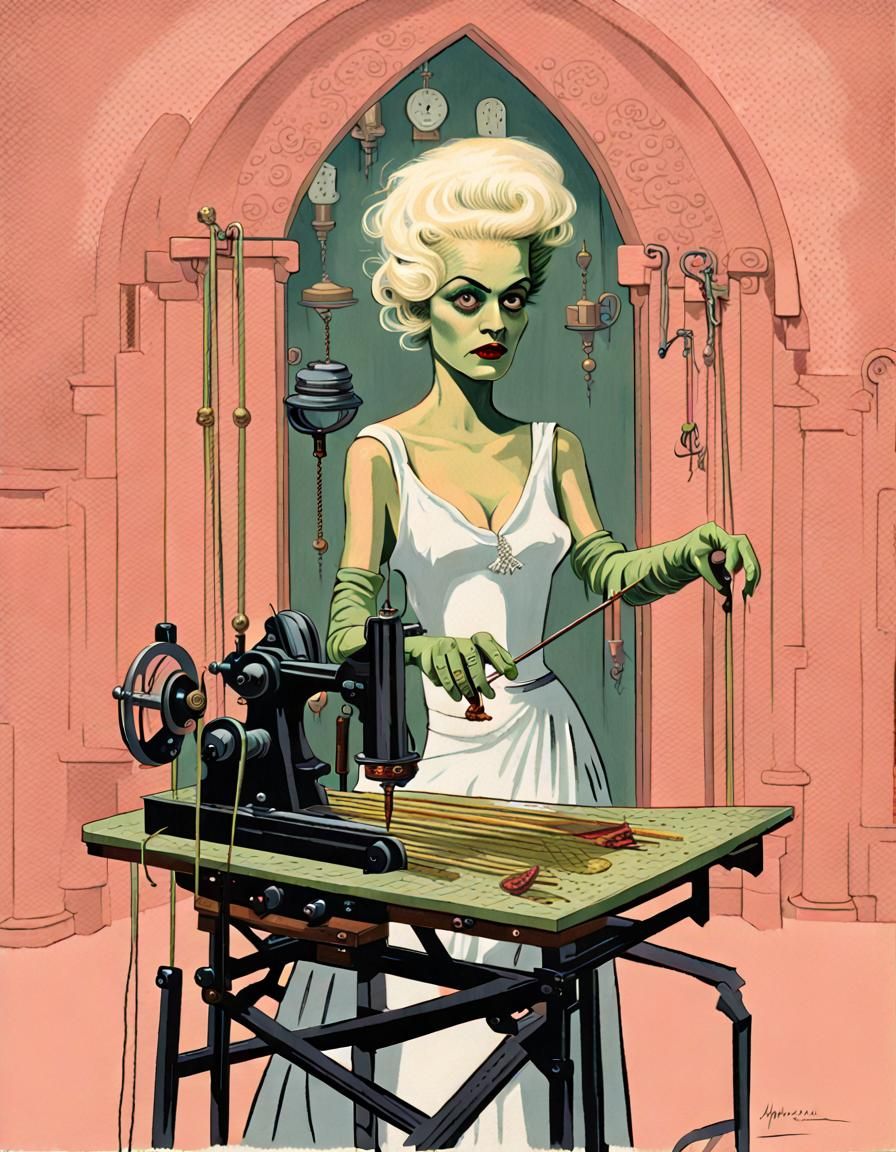 Horror Lady Sewing in Workshop - AI Generated Artwork - NightCafe Creator