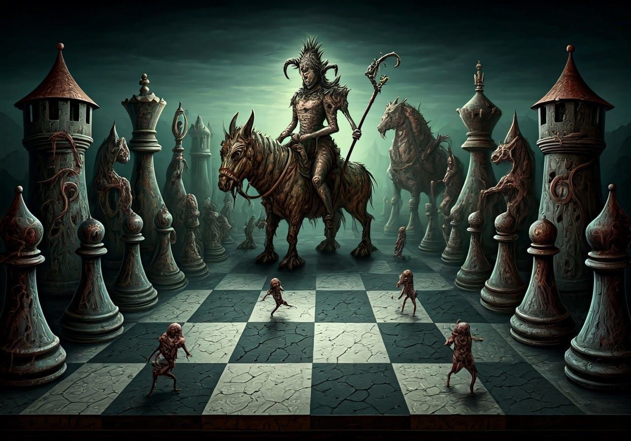 Nightmare Chess - Grotesque Chessboard Scene in Style of Hie...