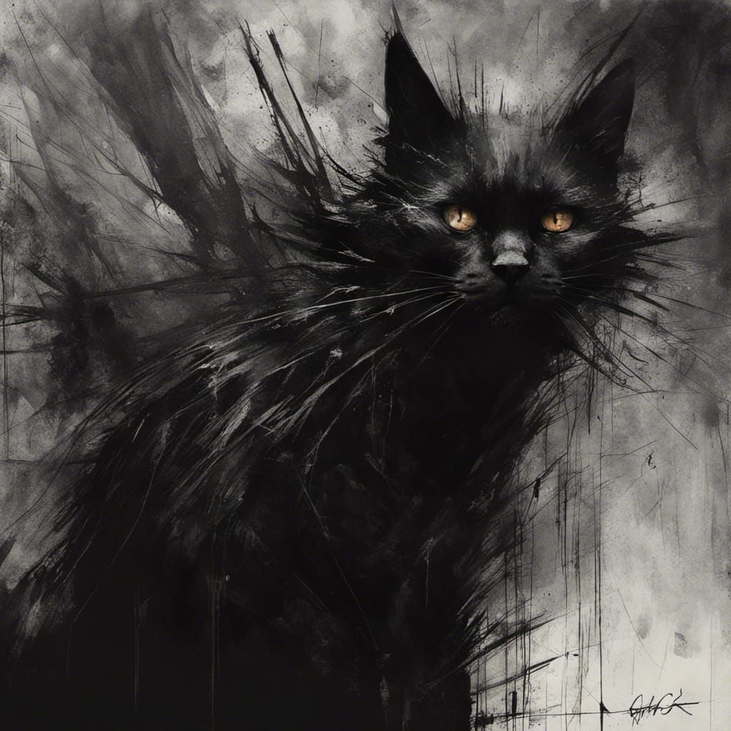 {an adorable sinister black cat with shiny long spiky fur inside an ...