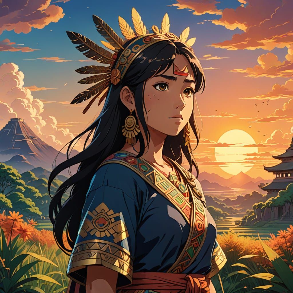 Anime-Style Aztec Mexican Waifu Amidst Vibrant Mex... - AI Art