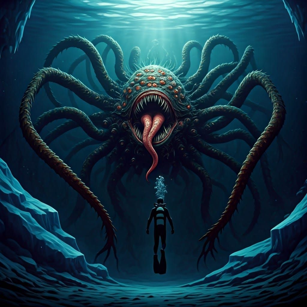 Lovecraftian Horror Creature Emerges from Icy Wate... - AI Art