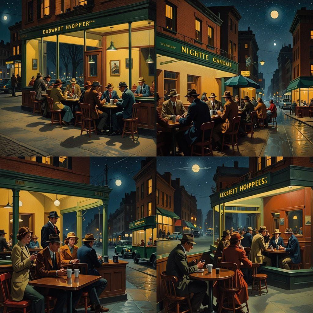 Smartphones in a Whimsical Cafe Scene, Nighttime - AI Art
