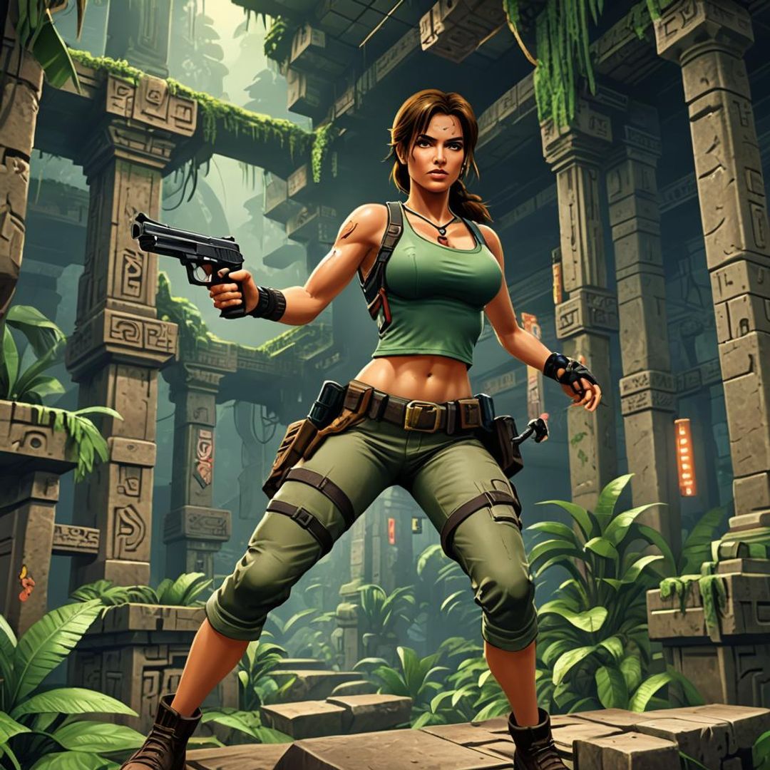 Bigboob Laura Croft holding pistols akimbo twerking in an underground ...