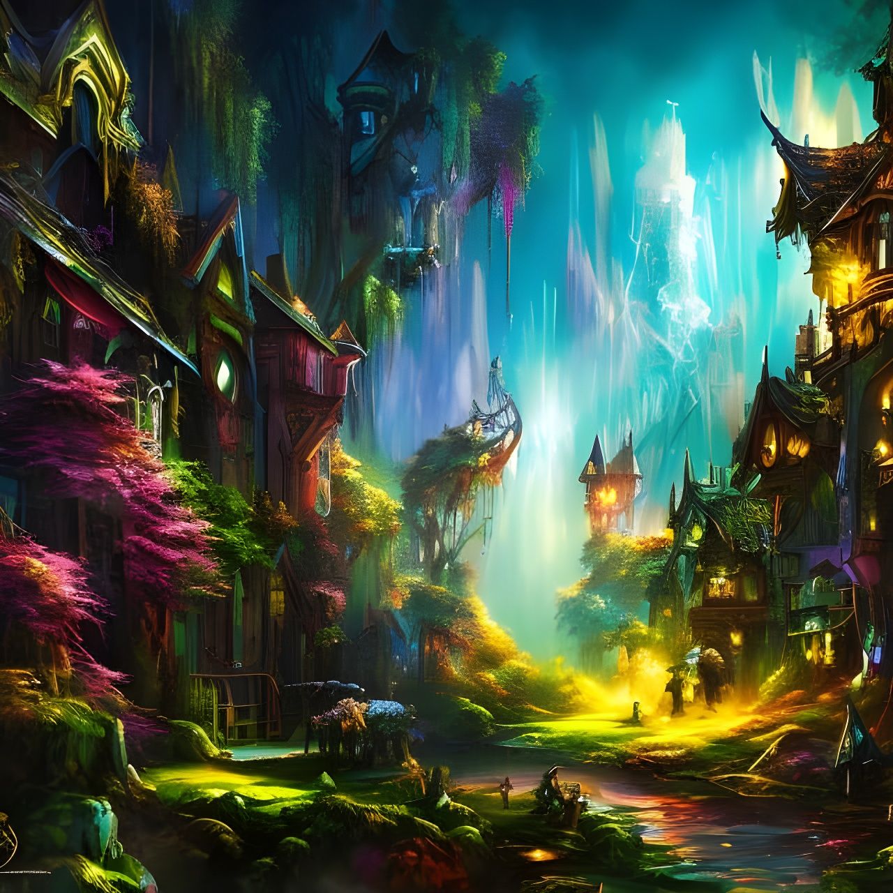 Dark faerie mansion in a fantasy forest, starry black background - AI ...