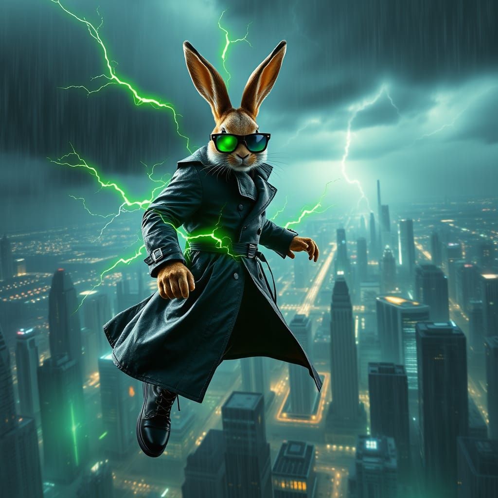 The Matrix Bunny: Neo - Cyberpunk Bunny Icon Soars Above Rai...