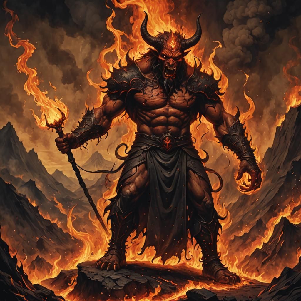 The Devil standing with a whip of flames, Pyroclastic flow like a ...