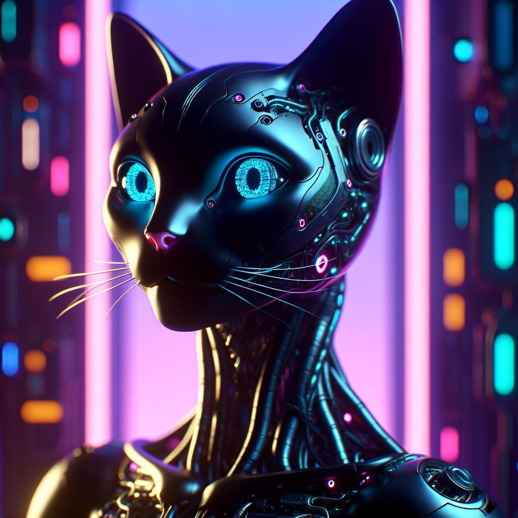 The image is of a female humanoid black cat android with glowing blue ...