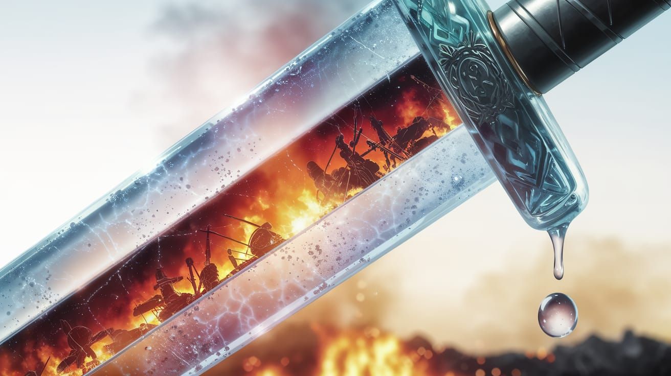 A melting ice sword reflects within itself the horror of war.