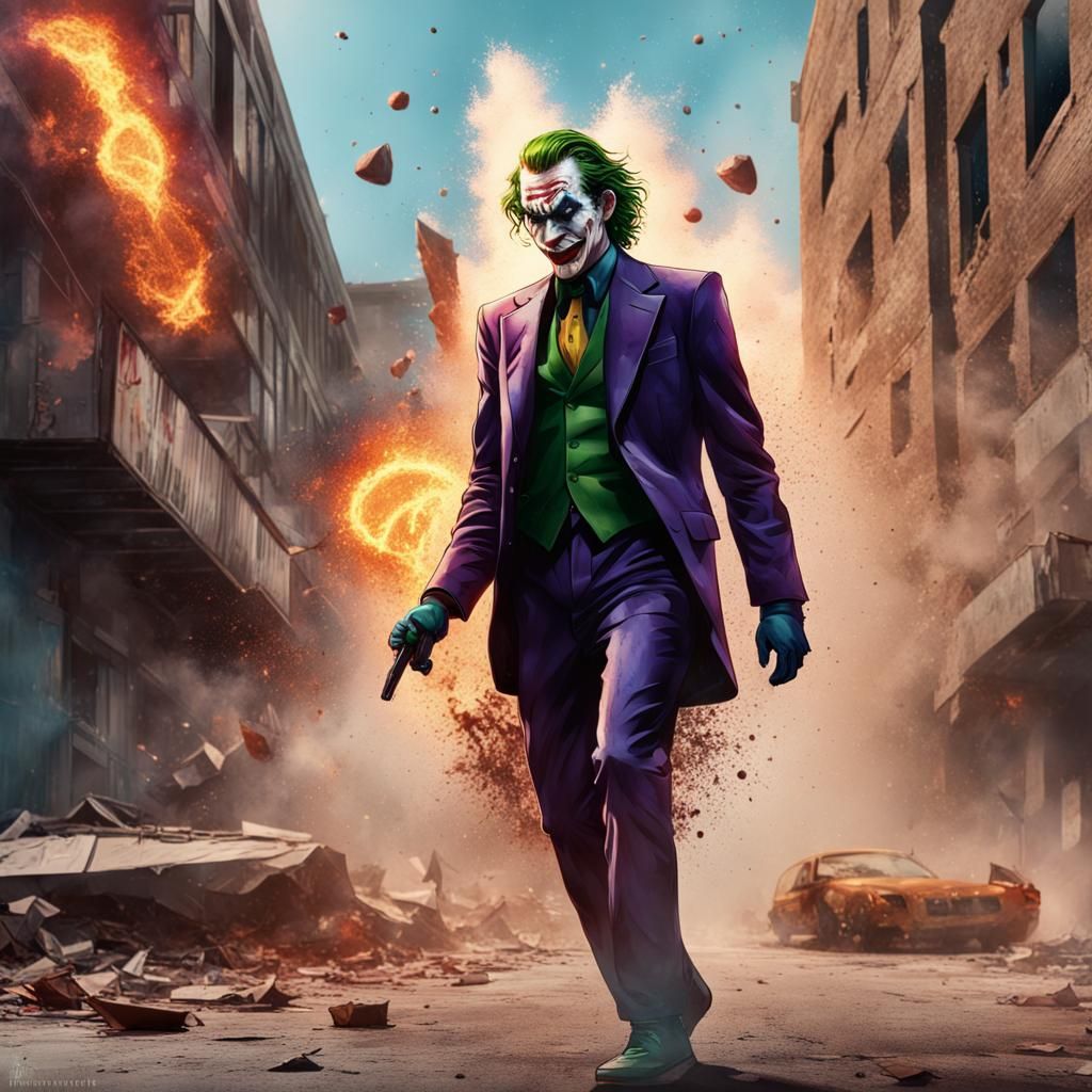 Joker walking away from an exploding building - AI Generated Artwork ...
