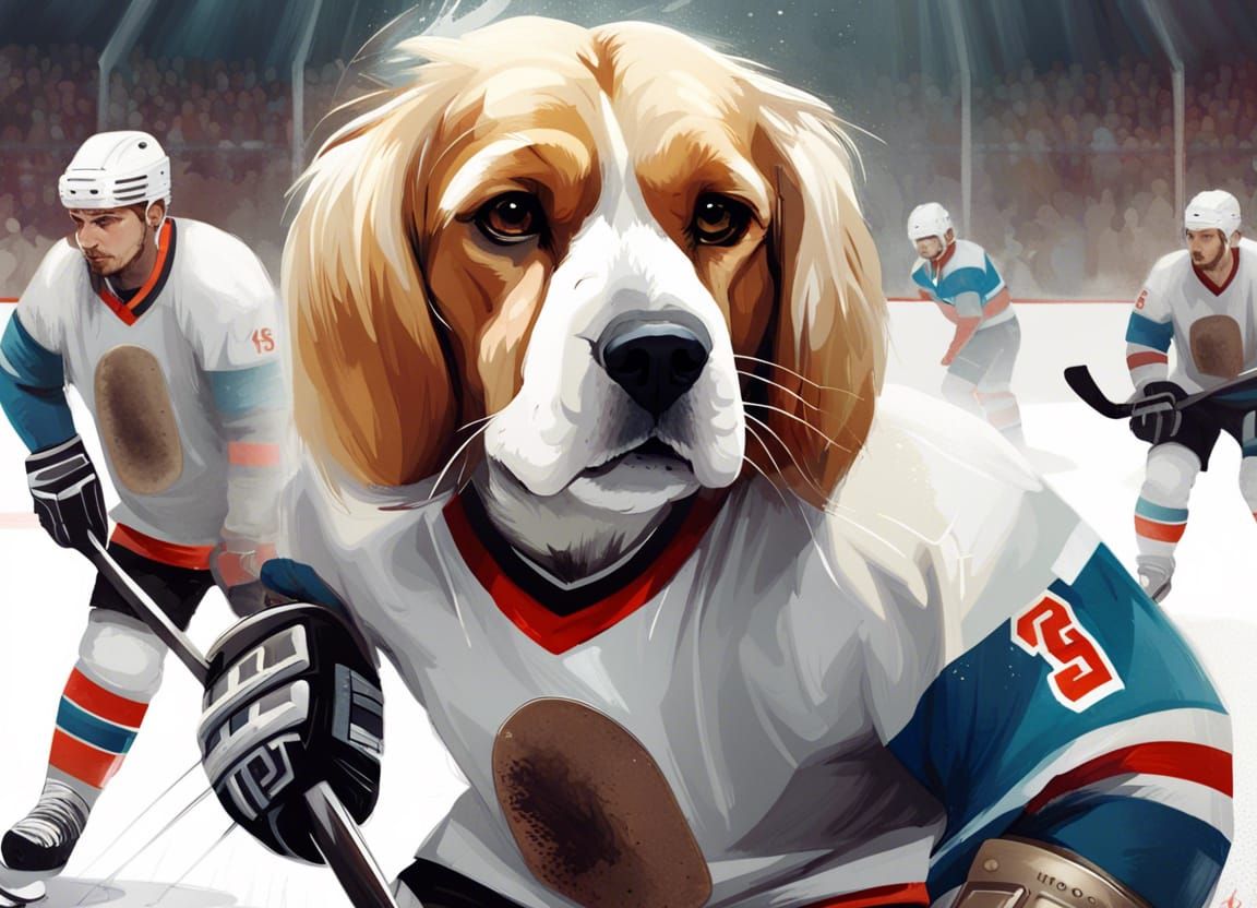 anthropomorphic fluffy Beagle playing ice hockey, gorgeous eyes ...