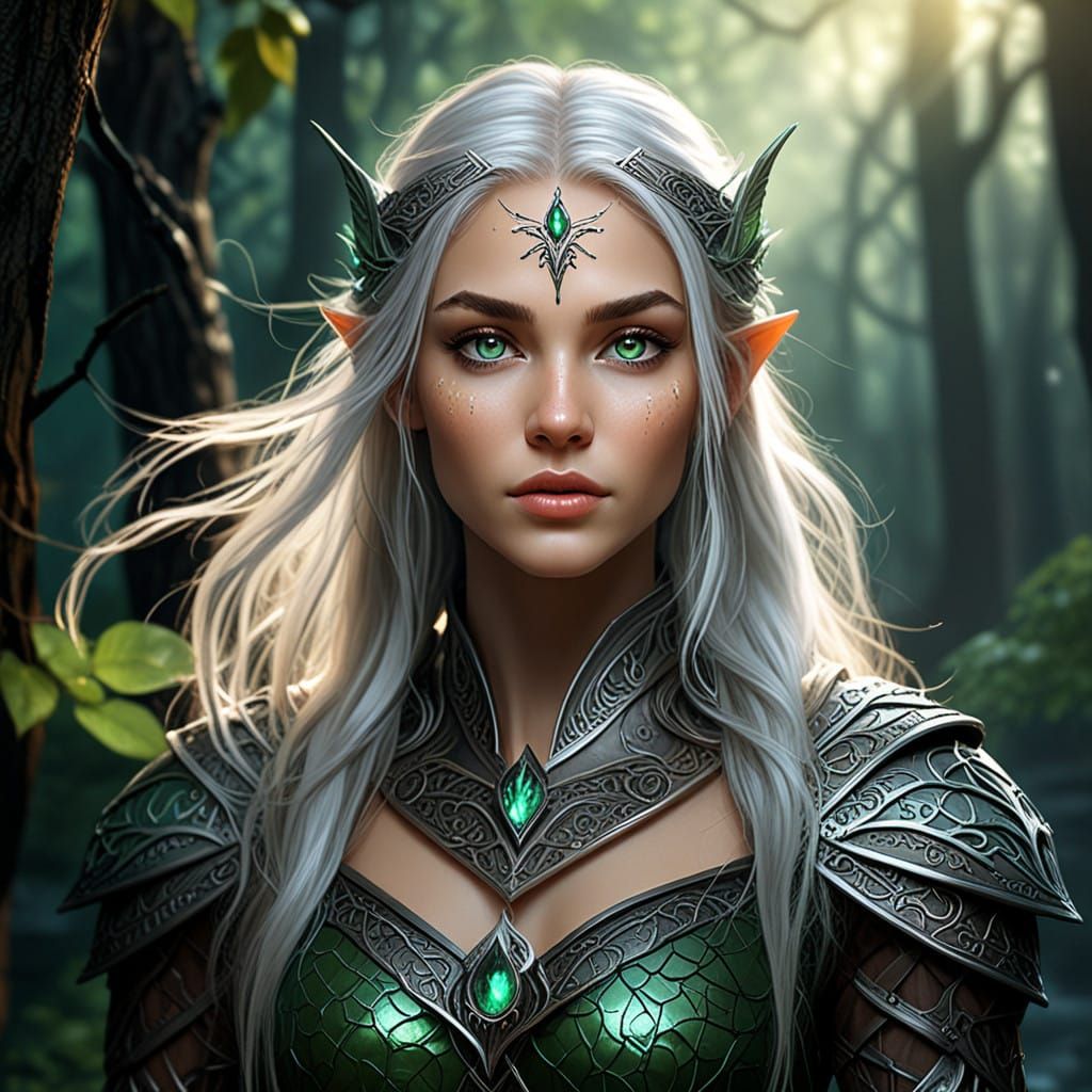 Majestic Female Elven Warrior in Lush Forest Lands... - AI Art