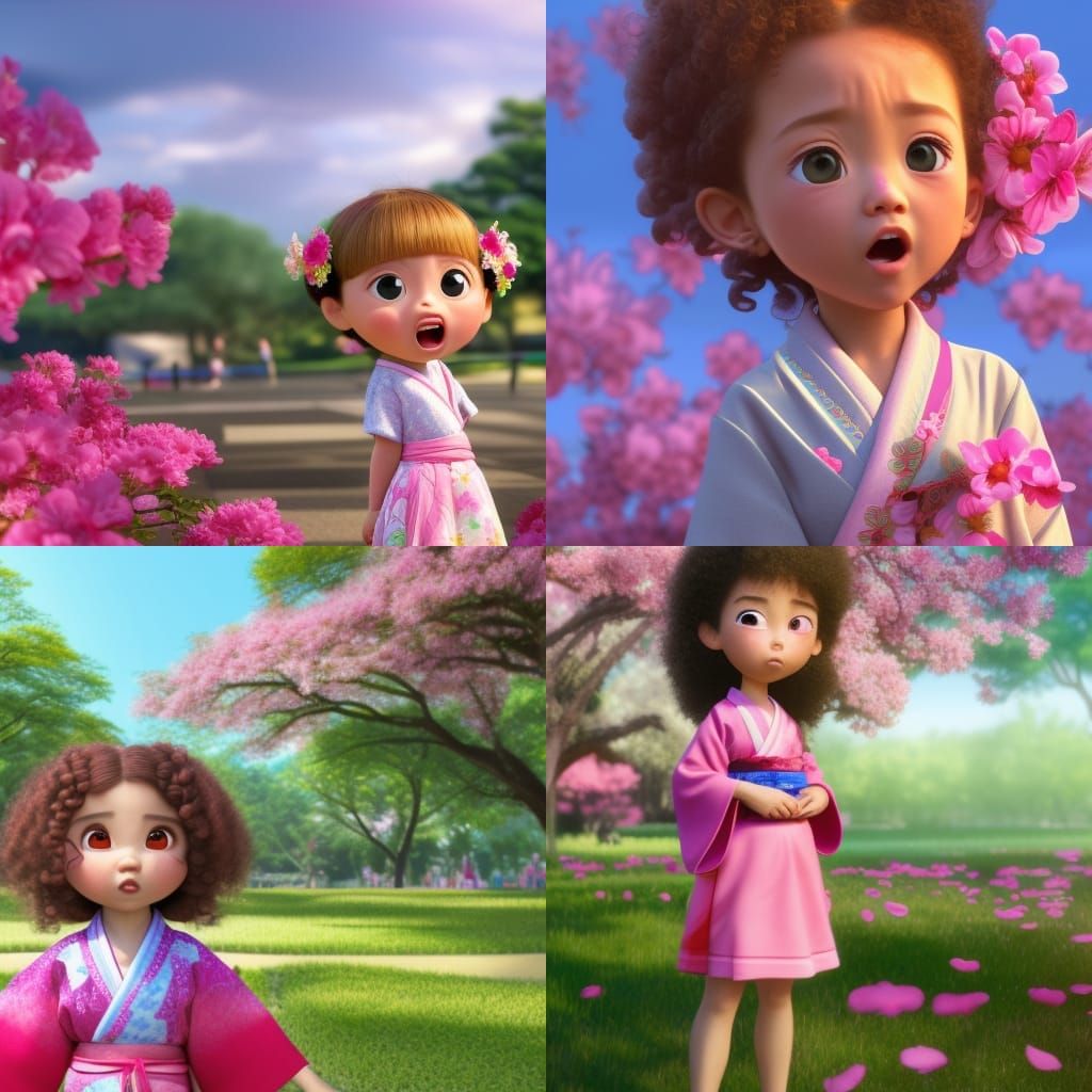 a little cute girl angry with curly hair and kimono with pink flowers ...