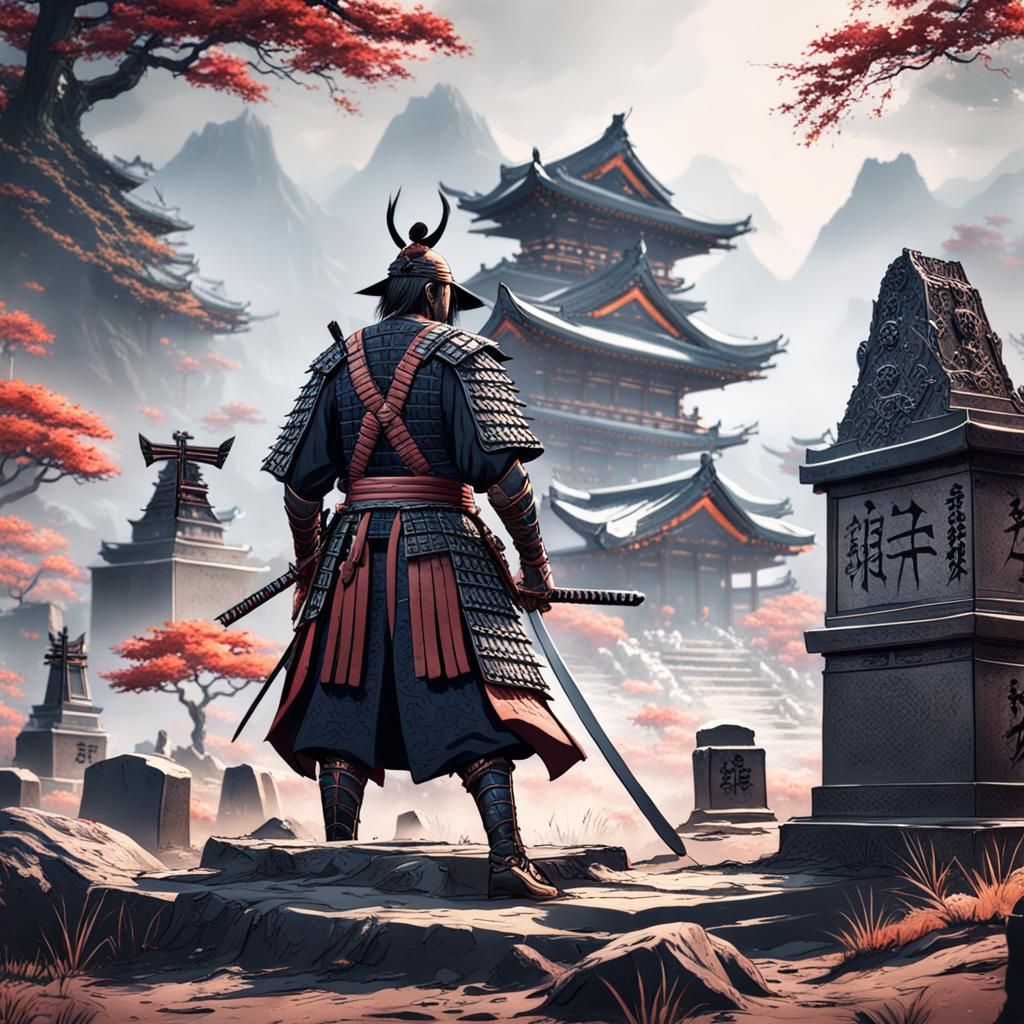 Japanese samurai at a grave/Temple