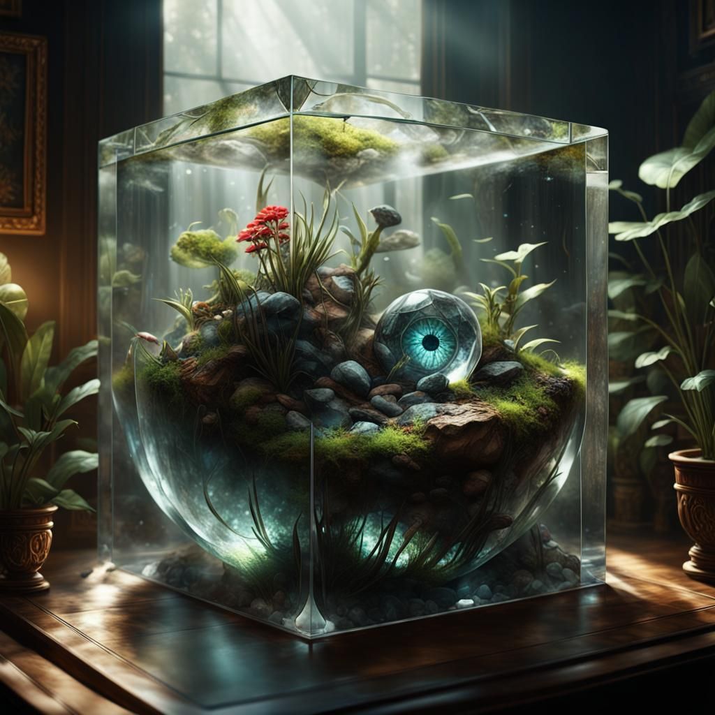 epic shot of a terrarium inside of a crystal square : extreme detail ...