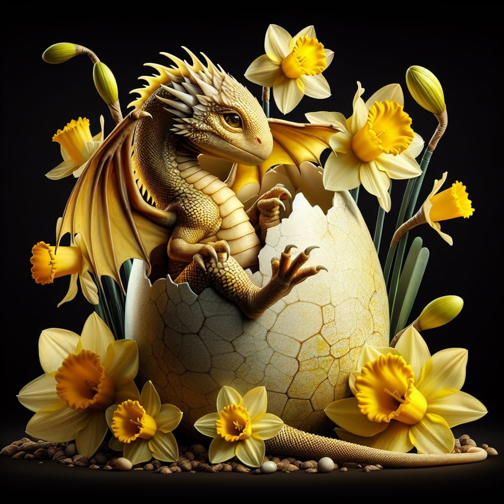 an adorable baby dragon with scales reminiscent of yellow daffodils hatching from an yellow ...