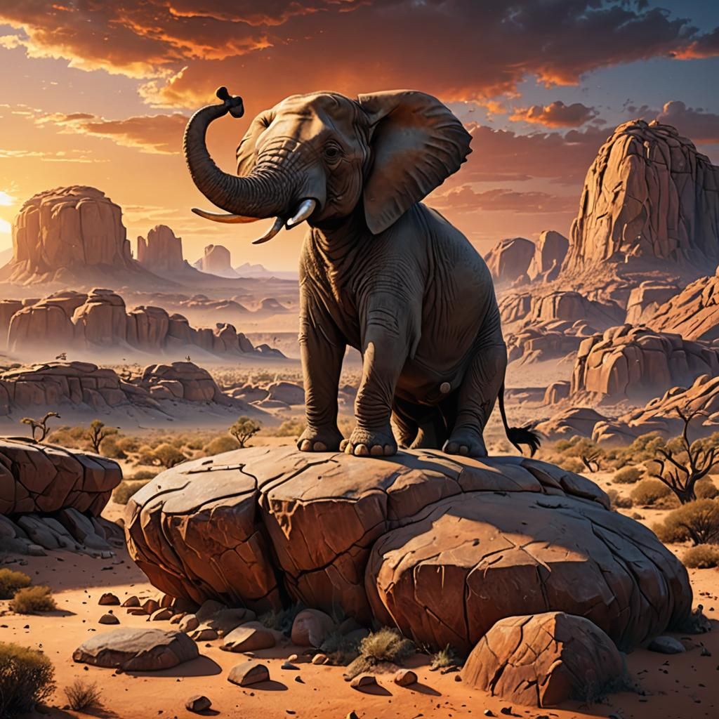 A Grumpy elephant sitting on a rock, in the desert during sunset. - AI ...