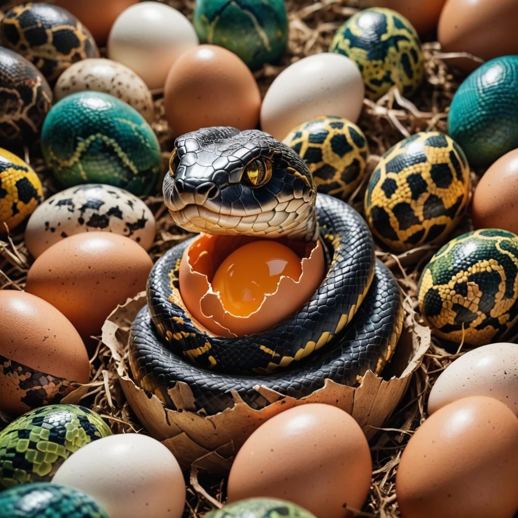 A snake, hatching out of an egg, looking at the world for the first ...