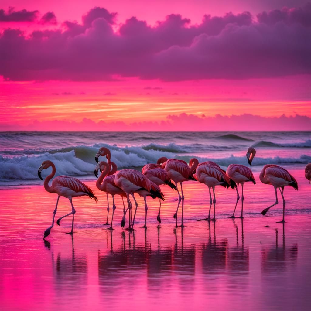 Flamingos standing on a beach shore during a colorful sunset - AI ...