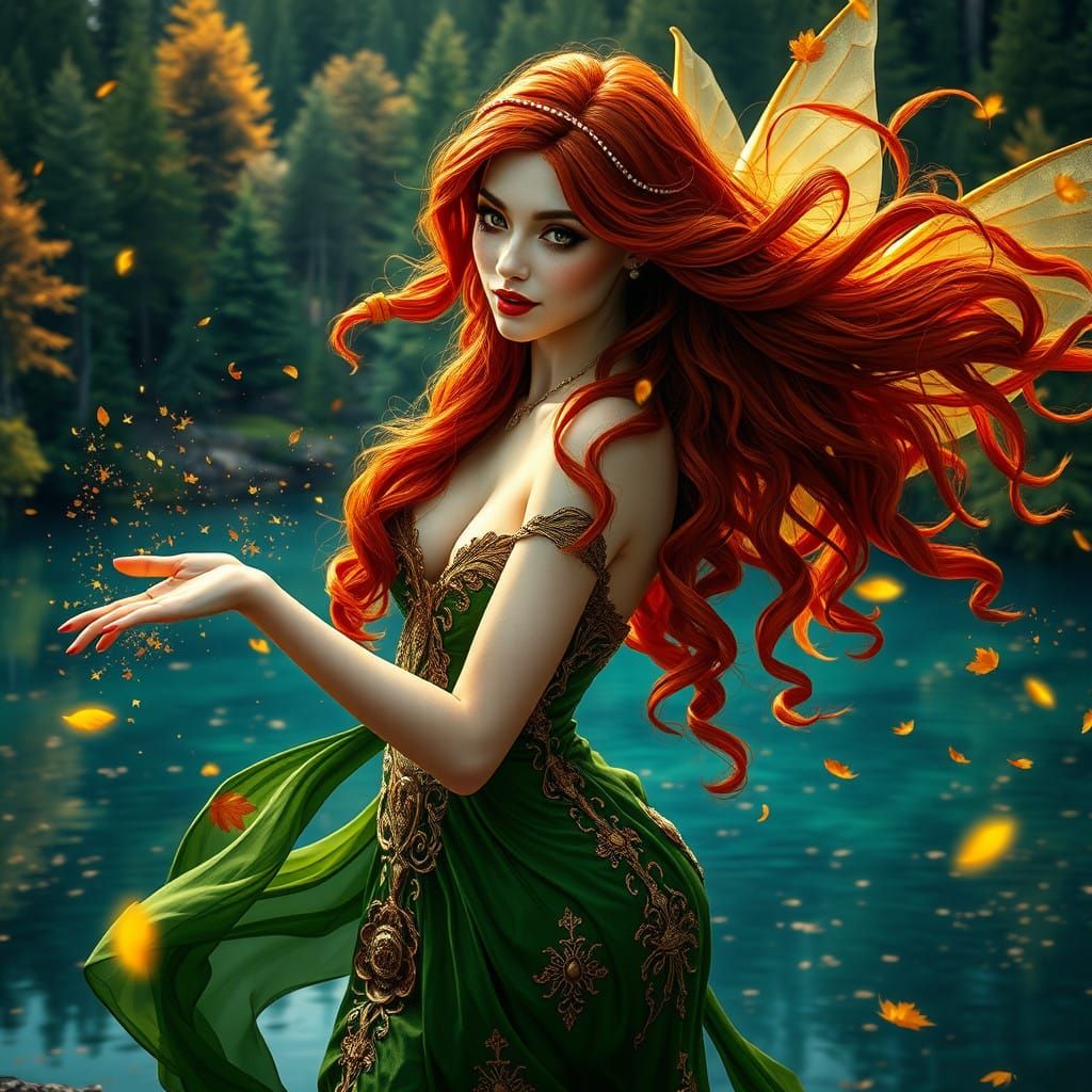 Beautiful Real Looking Woman a Nymph, little green and gold dress, red ...