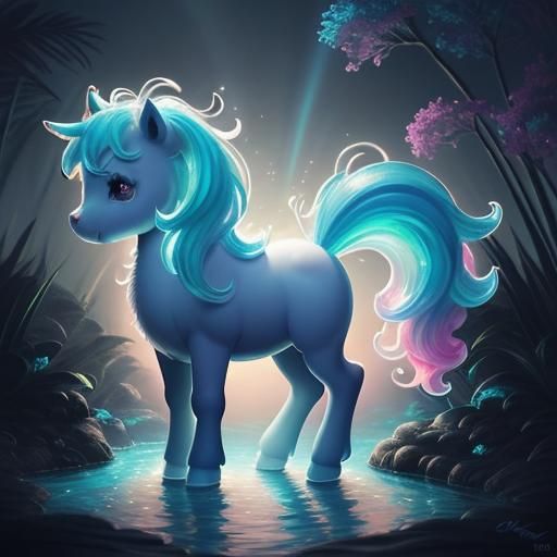 adorable cute chibi baby furry pony on a bioluminescent Waterfall in a ...