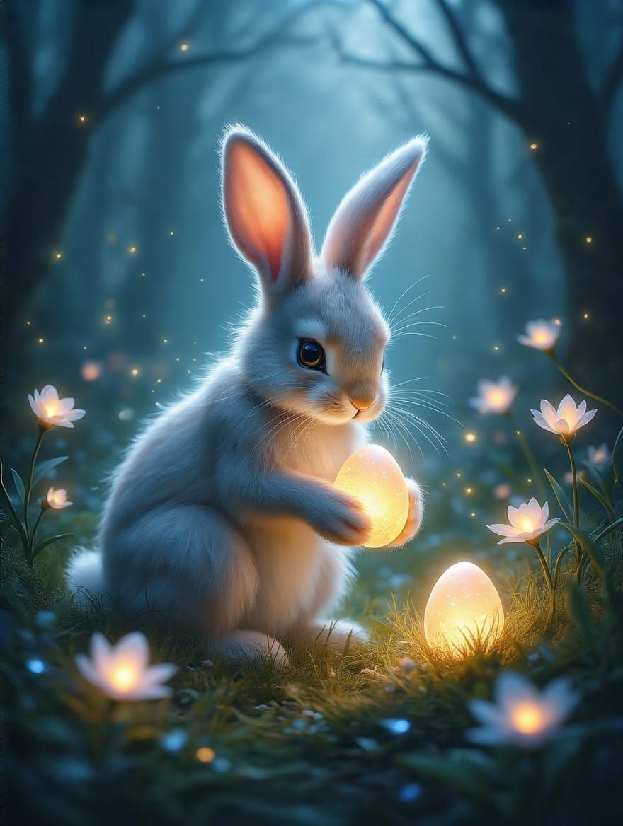 Ethereal Easter Bunny in Enchanted Twilight Forest - AI Art