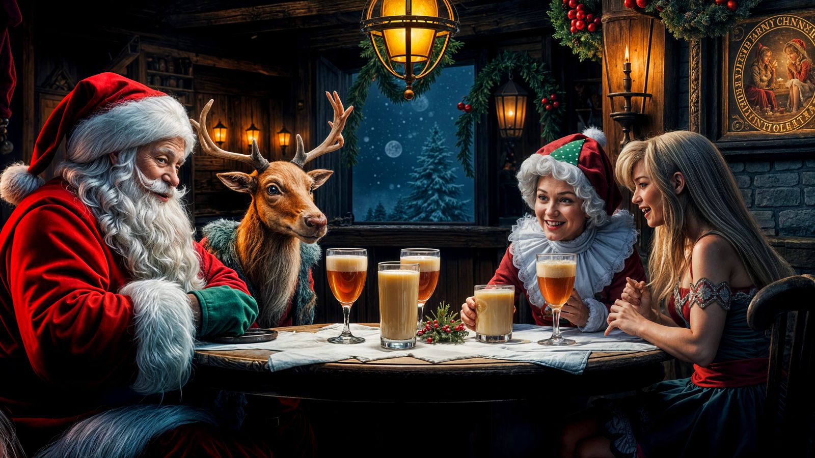 One Santa Claus, Rudolph the red nose reindeer, Mrs. Claus, an elf, and a fairy sit at a table ...