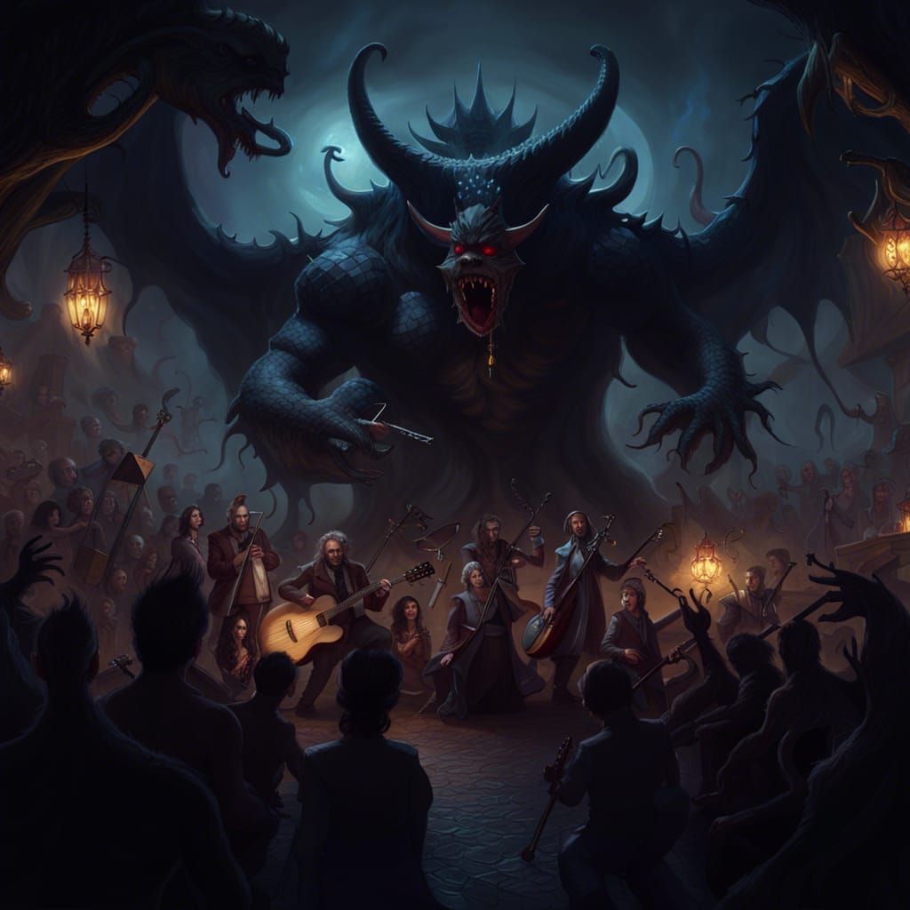 Concert of Darkness: A dark and fantastic landscape where a group of ...