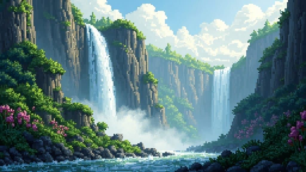 Pixel Falls - Ethereal Waterfalls in Tropical Paradise
