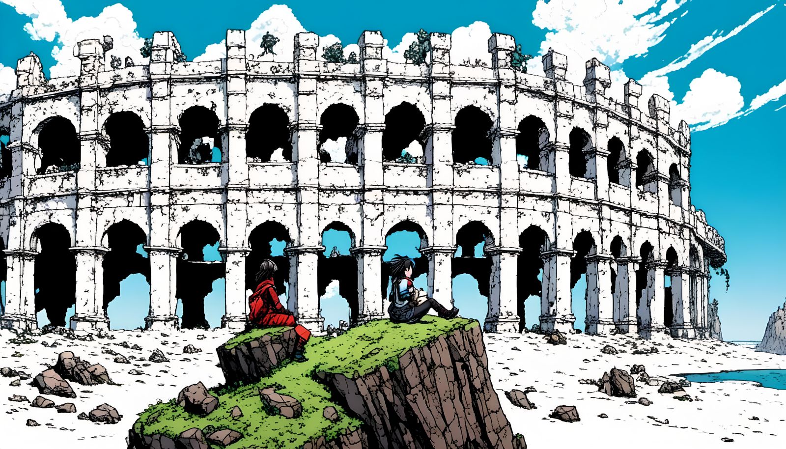 A woman sits on a cliff overlooking an ancient ruined city. Futuristic ...