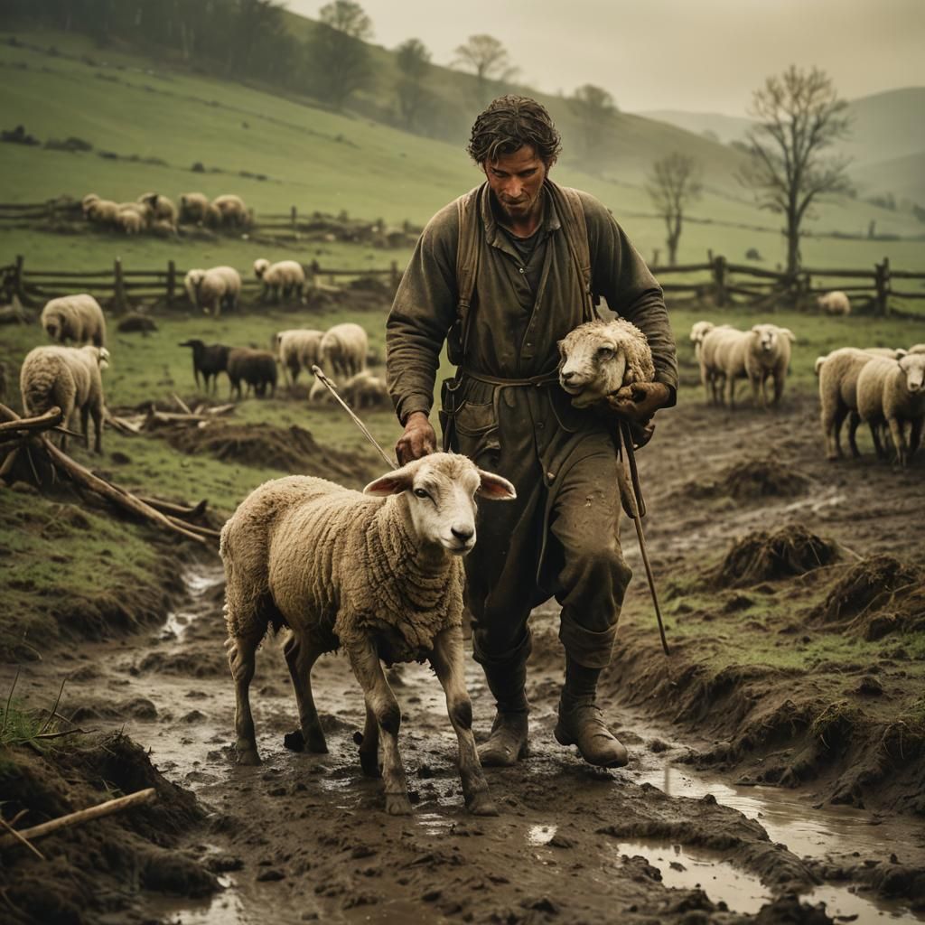 Gentle Shepherd Rescues Lamb in Warm, Golden Light - AI Art