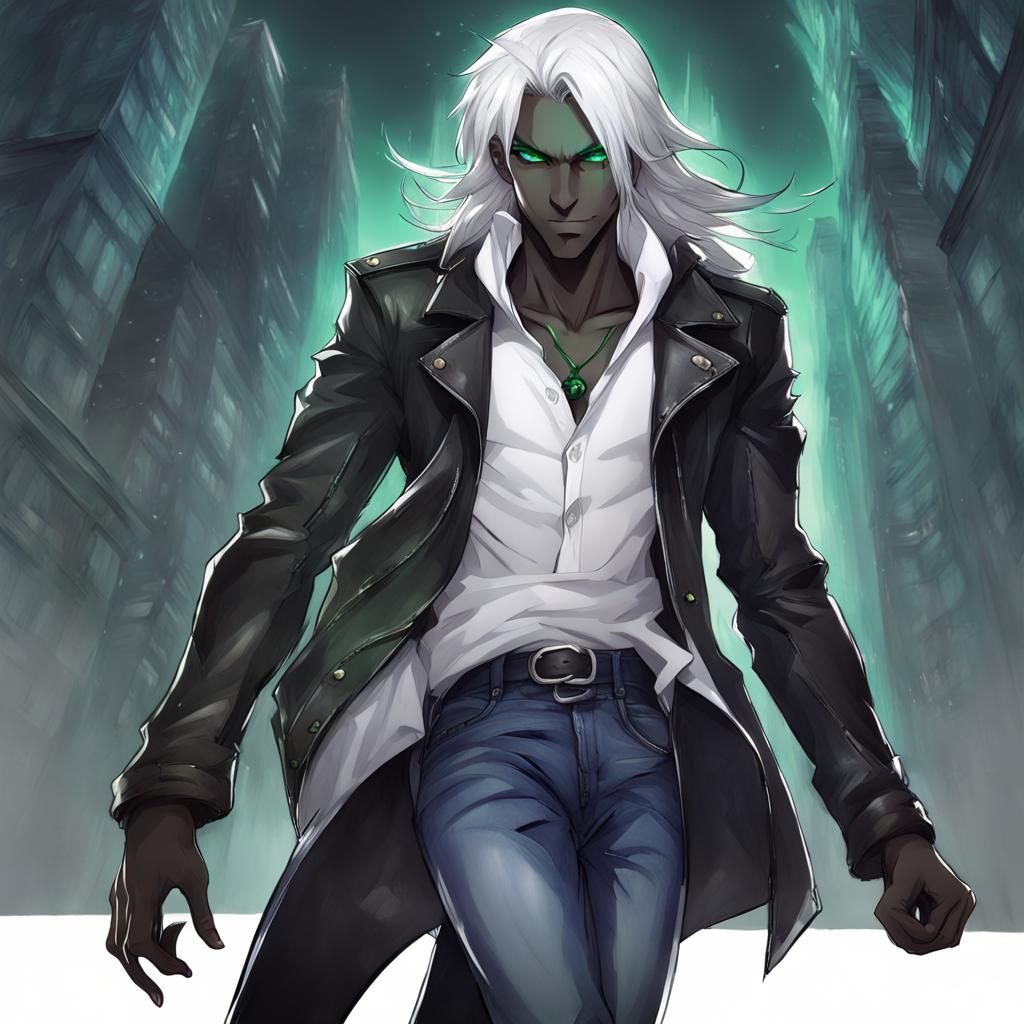 A handsome male drow thirty years old. He has dark grey skin, shoulder ...
