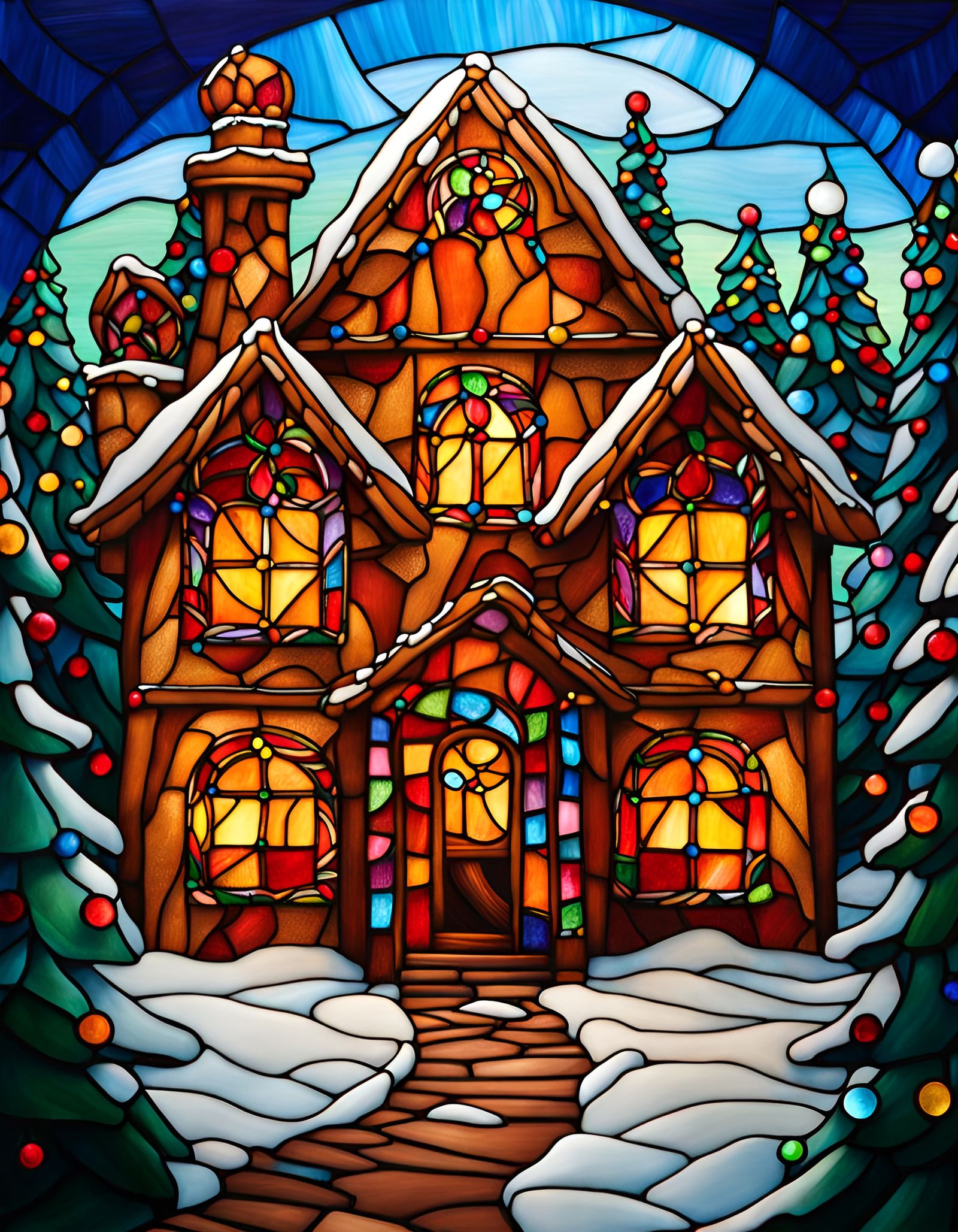 A stained glass gingerbread house, really detailed, small shards of ...