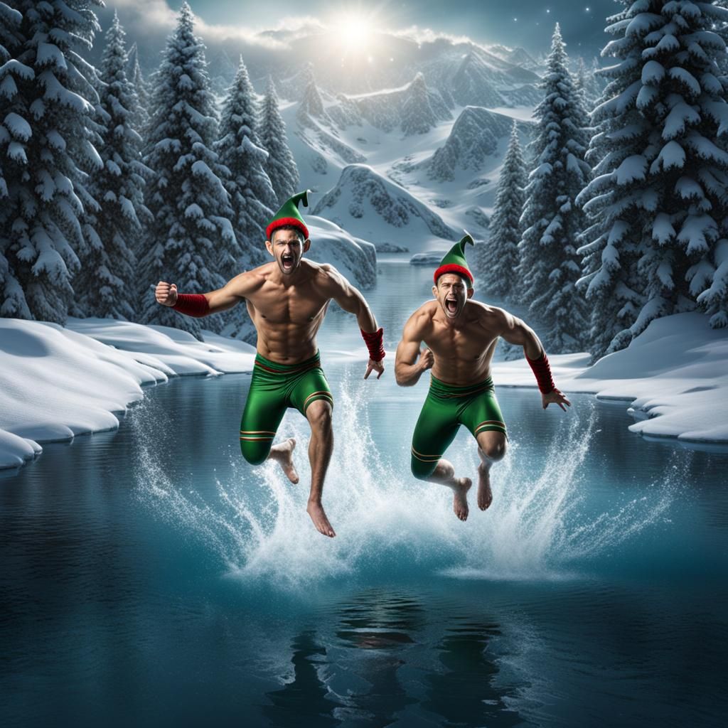 christmas athletic male (elves:3.0), jumping in cold icy water, cold ...