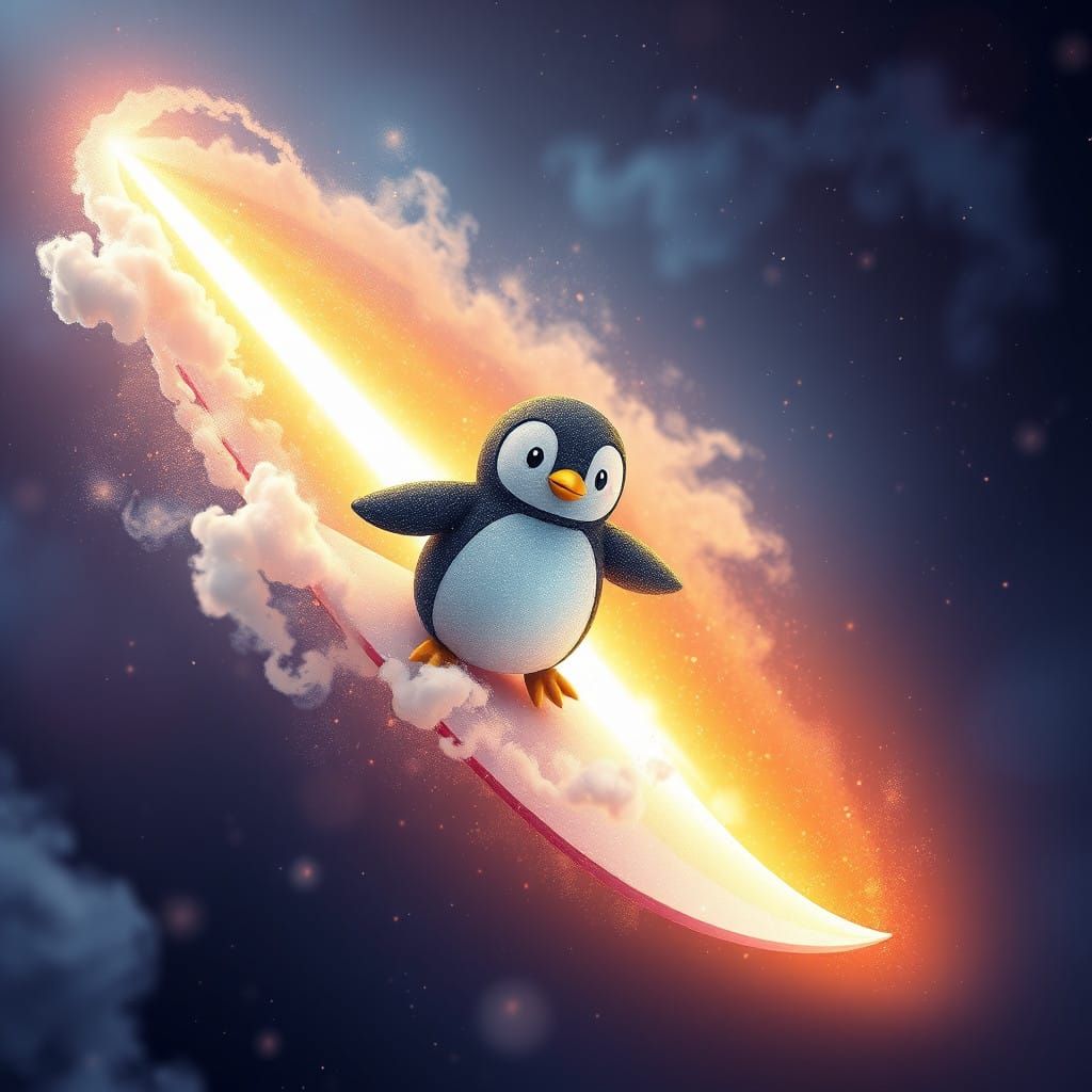 Whimsical Penguin Surfer on a Celestial Wave - AI Art