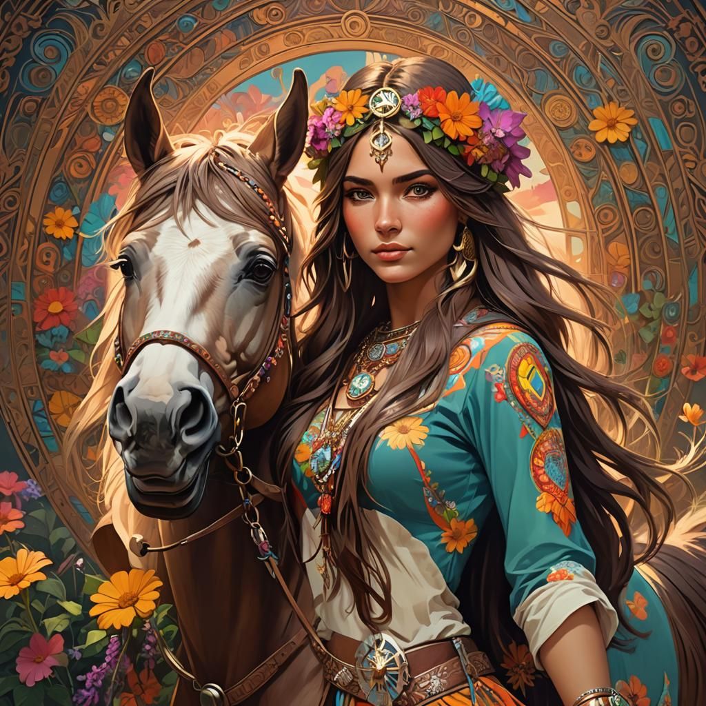Pretty hippie girl with her horse - AI Generated Artwork - NightCafe ...